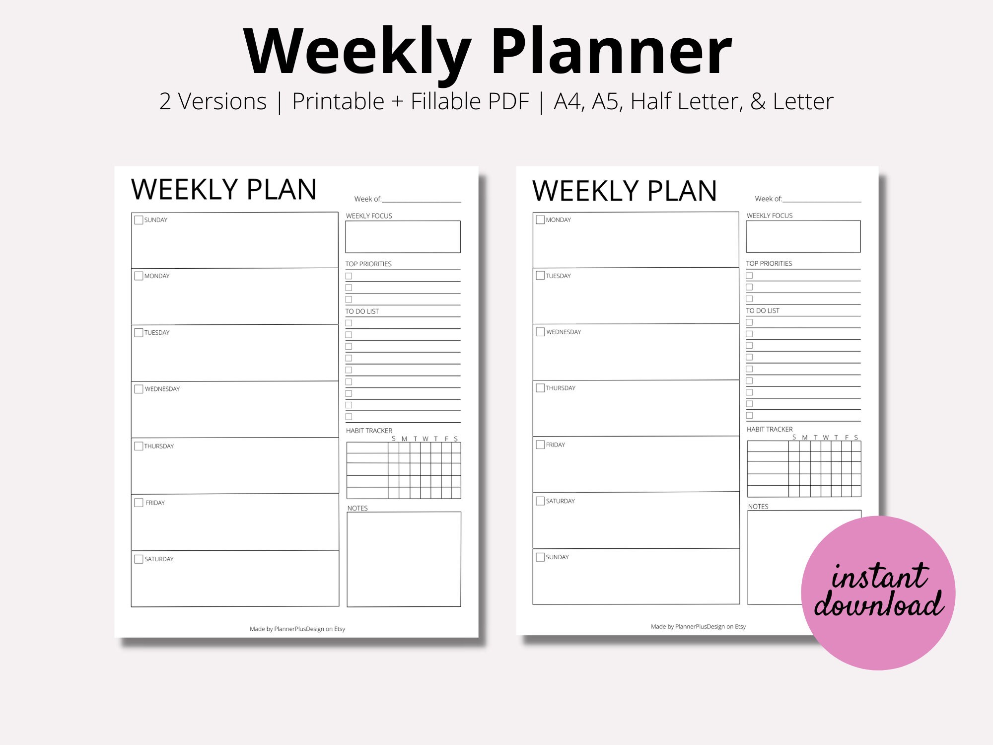 Weekly Planner Printable to Do List Week Daily to Do List - Etsy