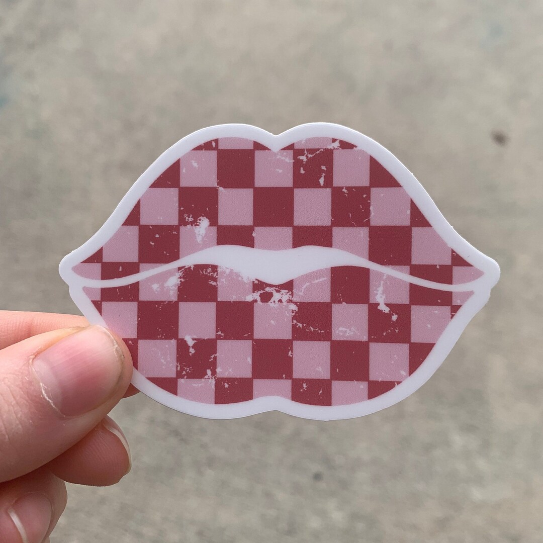 Pink Checkered Lips Sticker - Waterproof Sticker- Pink Checkered Lips ...