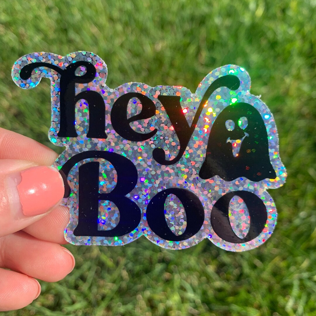 Glitter Hey Boo Sticker | Waterproof | Holo Glitter Sticker | Boo Ghost | Glitter | Waterbottle ...