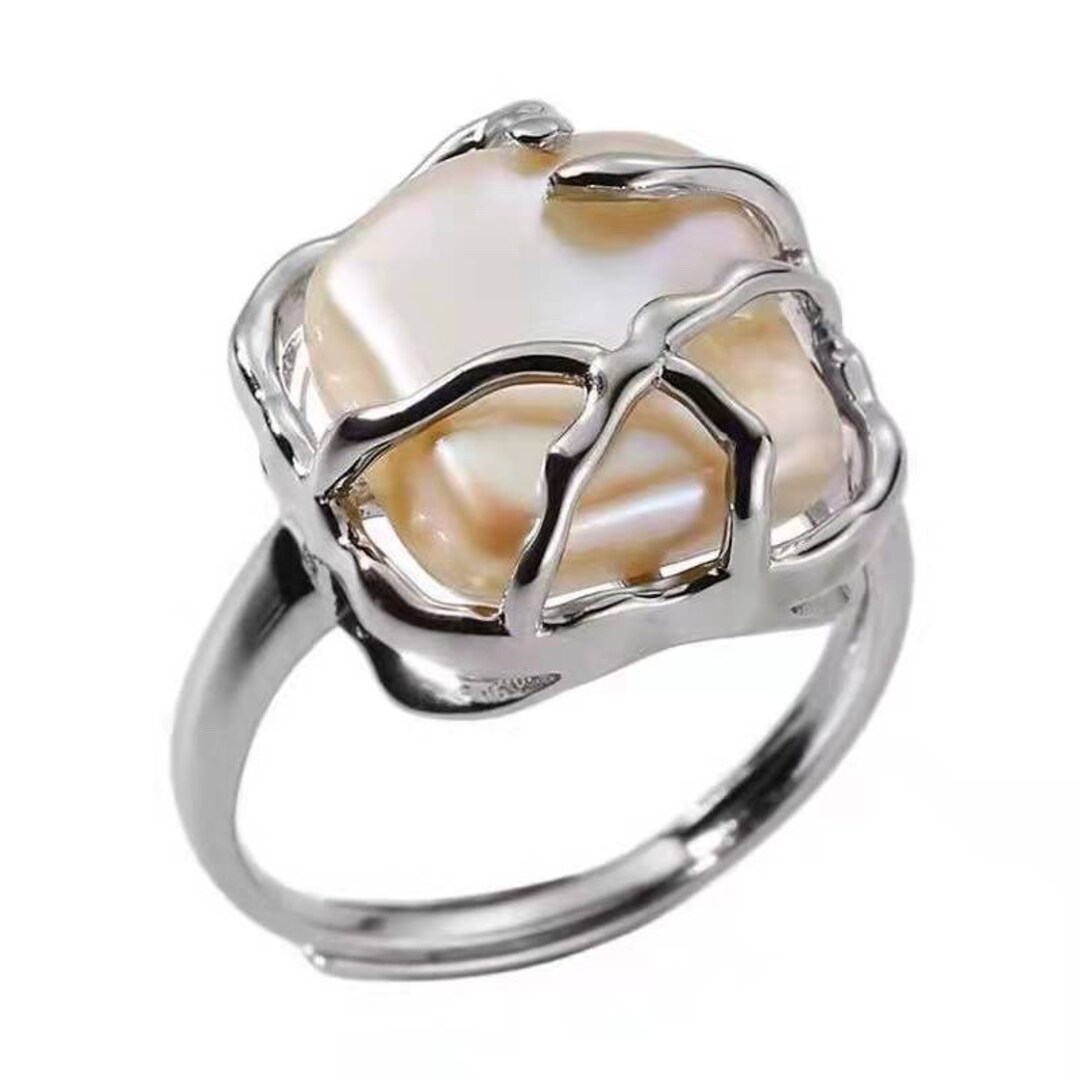 Sterling Silver Baroque Pearl Open Ring, Square Pearl Ring Wedding ...