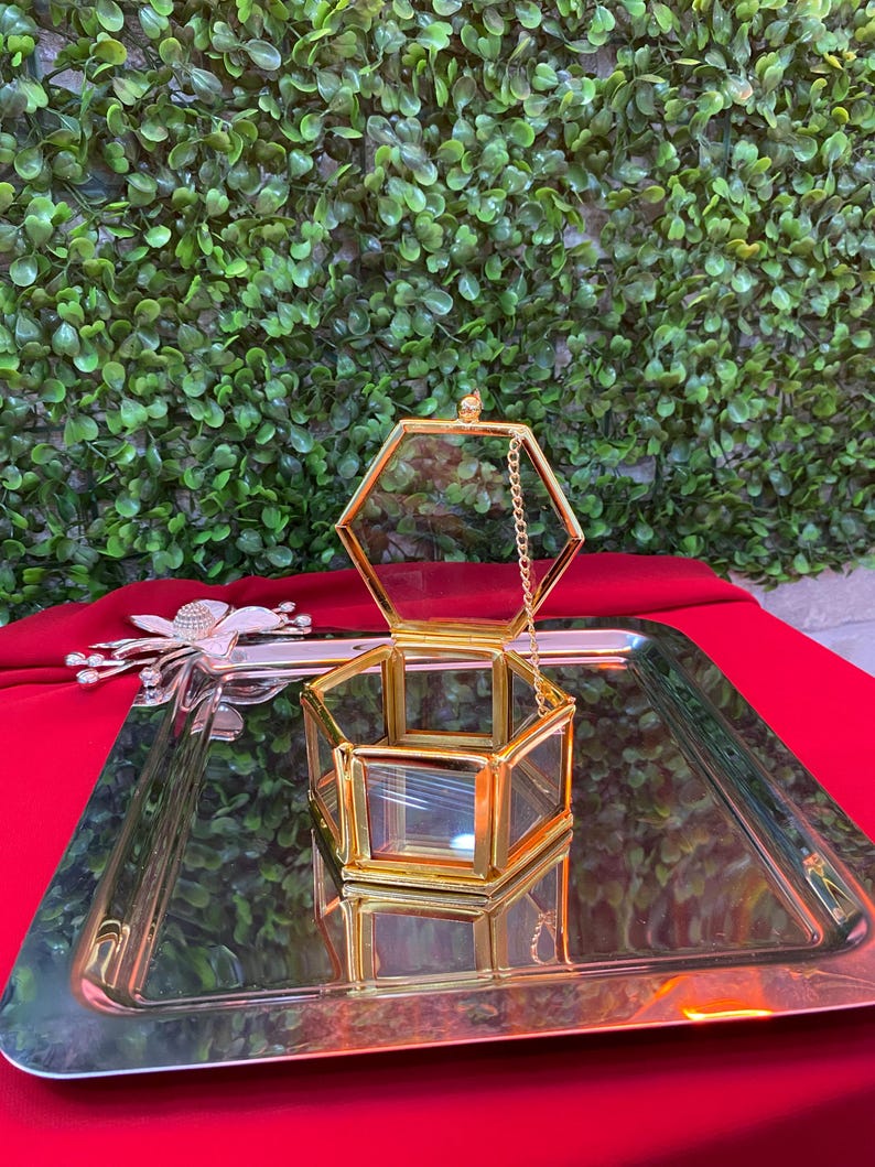 Hexagon Glass Ring Box With Moss – Gold or Silver Frame – Wedding Ring ...