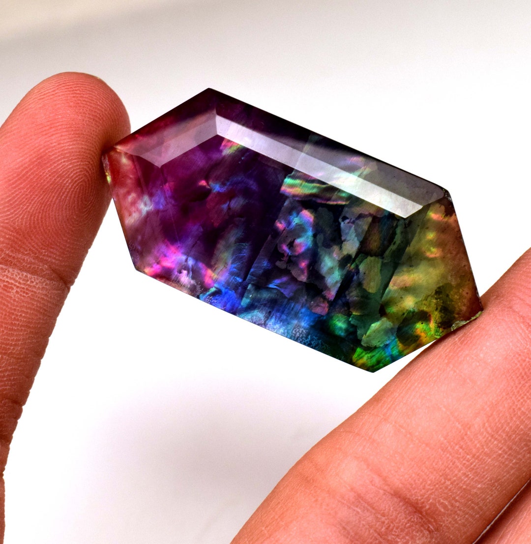 Huge Rare Red Blue Ammolite Gemstone Multi Fire Faceted Fancy Shape 51. ...