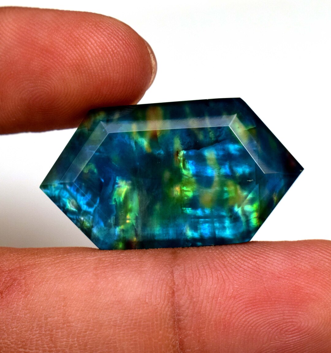 Huge Rare Blue Green Ammolite Gemstone Multi Fire Faceted Fancy Shape ...