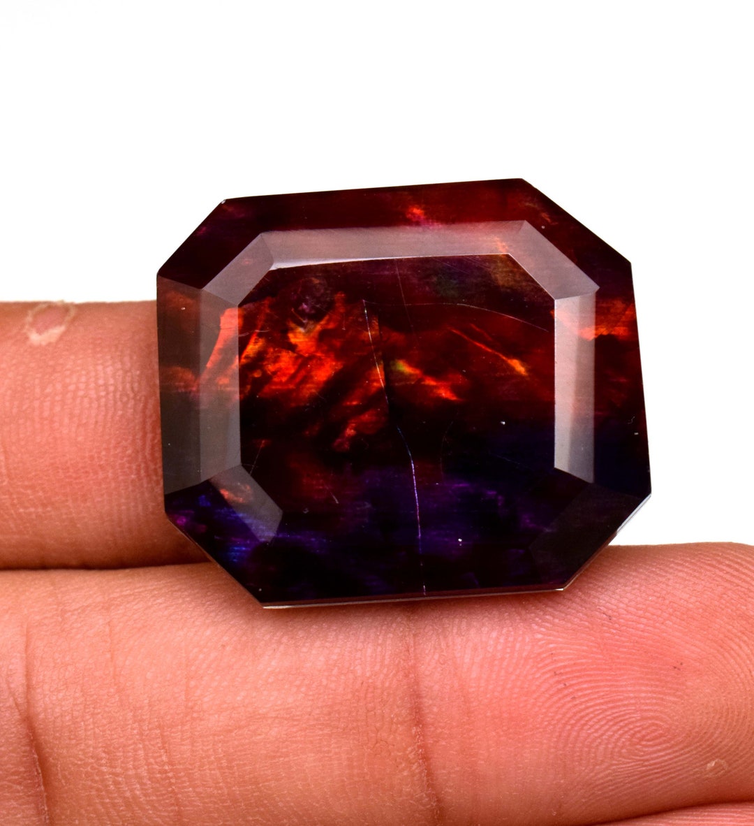 Huge Rare Red Green Ammolite Gemstone Multi Fire Faceted Emerald Shape ...