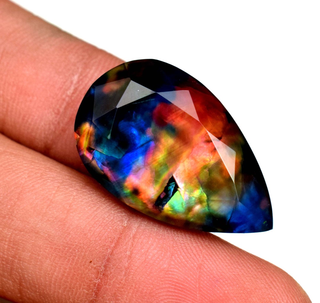 Huge Rare Red Green Ammolite Gemstone Multi Fire Faceted Pear Shape 19. ...