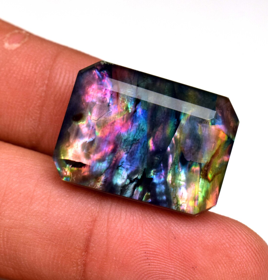 Huge Rare Red Green Ammolite Gemstone Multi Fire Faceted Emerald Shape ...