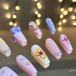 Pink Carousel 3d Press on Nails, Extra Short Press on Nails, Bow Nails ...