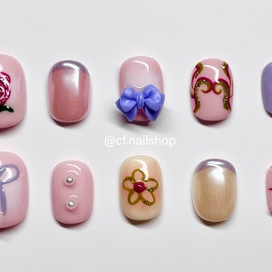 Pink Carousel 3d Press on Nails, Extra Short Press on Nails, Bow Nails ...