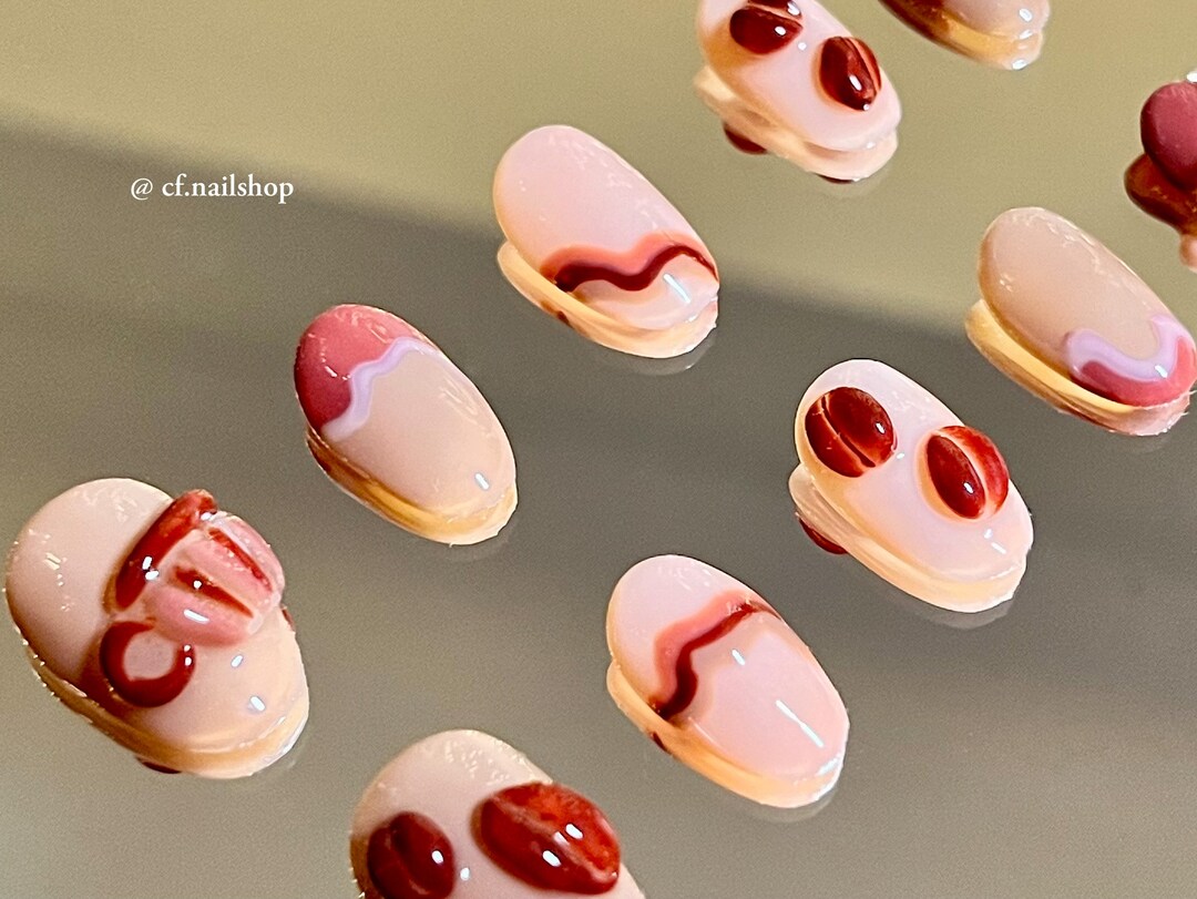 Coffee Bean Press on Nails, Hand Painted 3D Kawaii Japanese Nail Art - Etsy