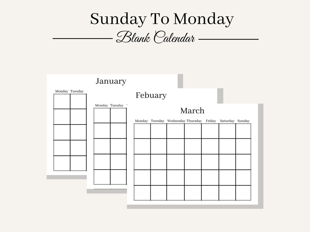 Sunday to Monday Blank Calendar - Etsy