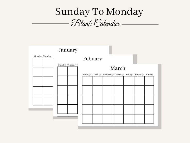 Sunday to Monday Blank Calendar - Etsy