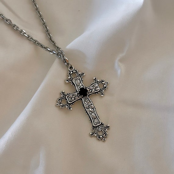Gothic Cross Necklace Silver Big Cross Pendant Vintage Gothic Cross Necklace Silver Big Cross Pendant Vintage