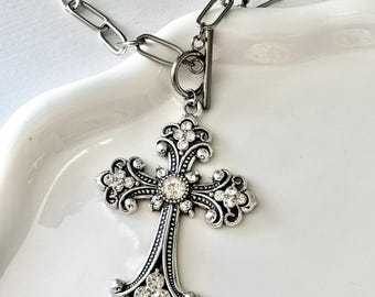 Gothic Cross Necklace Silver Big Cross Pendant Vintage Gothic Cross Necklace Silver Big Cross Pendant Vintage
