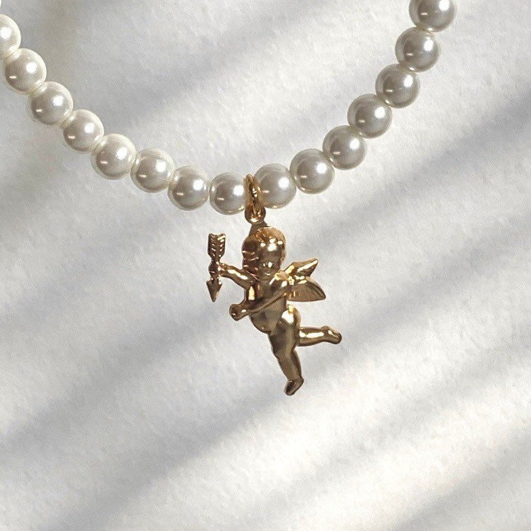 Cherub Pearl Necklace Gold Angel Pendant Dainty Cupid Charm Coquette ...
