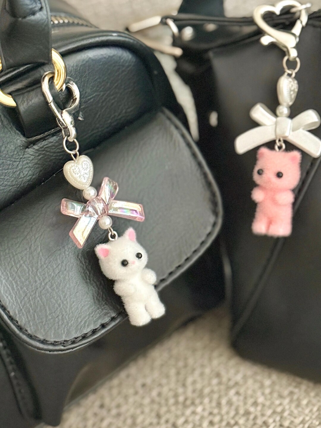 Matching Cat Keychain Critter Animal Flocked Cat Purse Charm Coquette ...