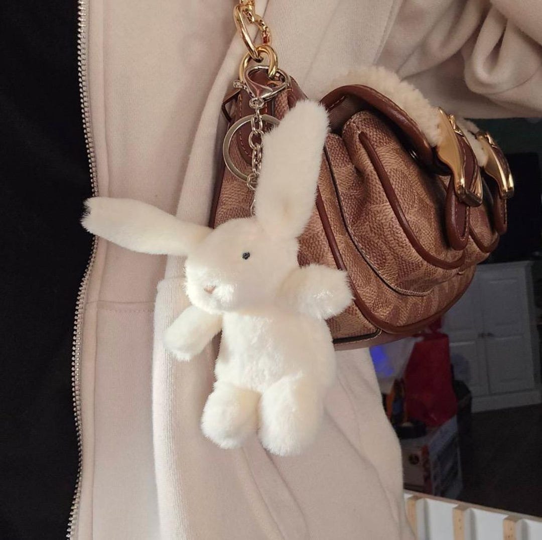 White Bunny Key Chain Bag Charm Fluffy Animal Toy Key Ring Plushie ...