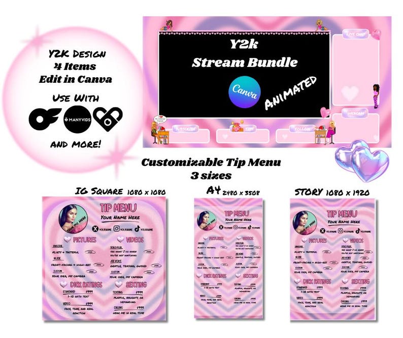 Y2K Stream Overlay & Tip Menu Bundle – Pink Canva Template for Digital ...