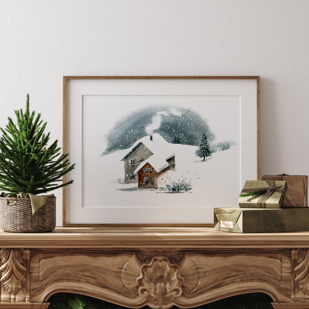 Watercolor Watercolor Winter Landscape Christmas Art Print, Farmhouse ...