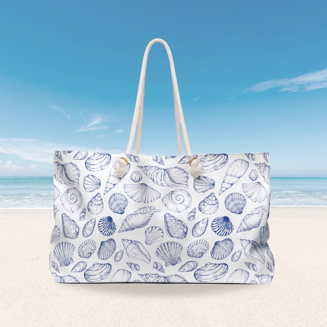 Blue Seashell Beach Bags, Large Tote Bag, Blue Tote Bag, Blue Beach Bag ...