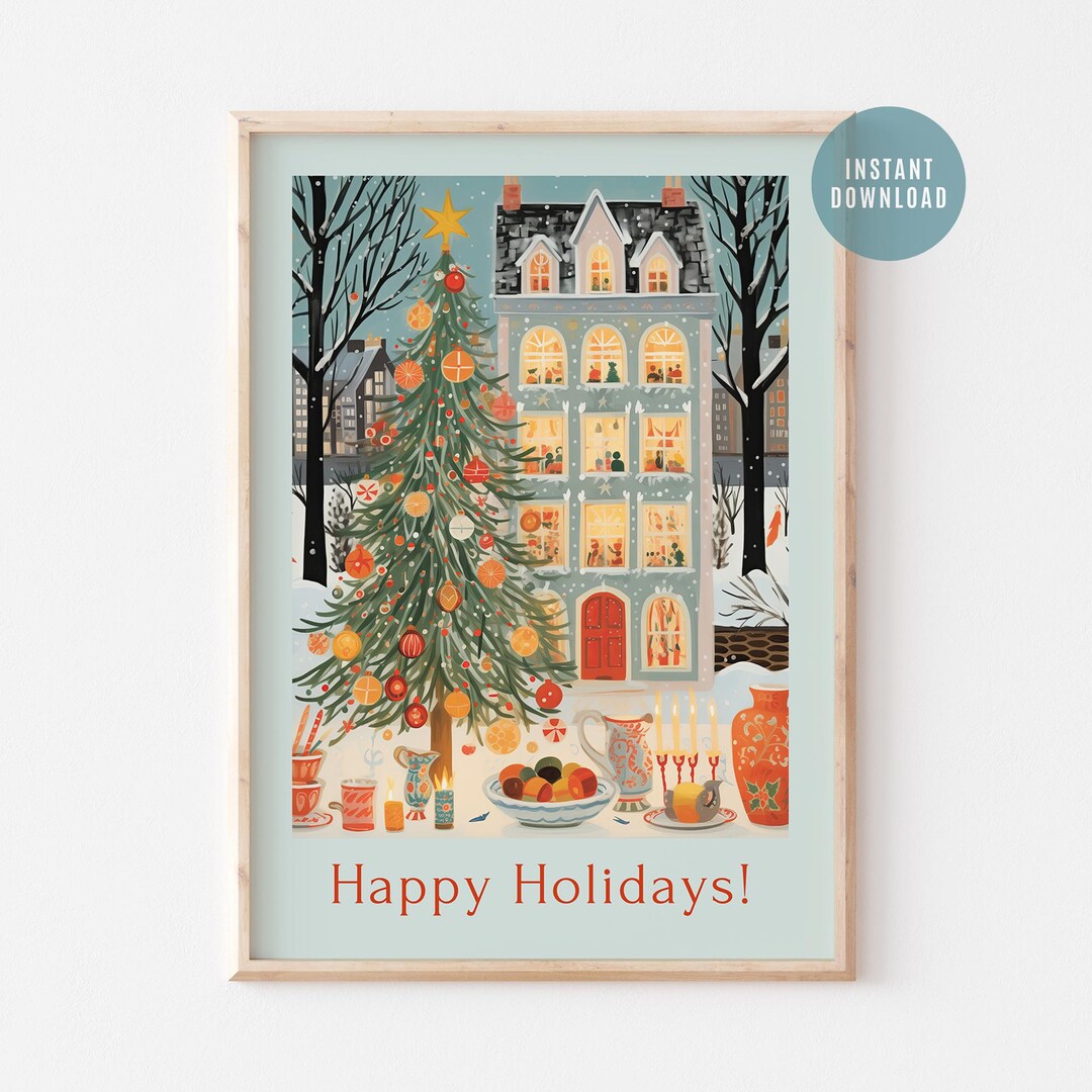 Happy Holiday Christmas Print, Holiday Village Art, Winter Art ...