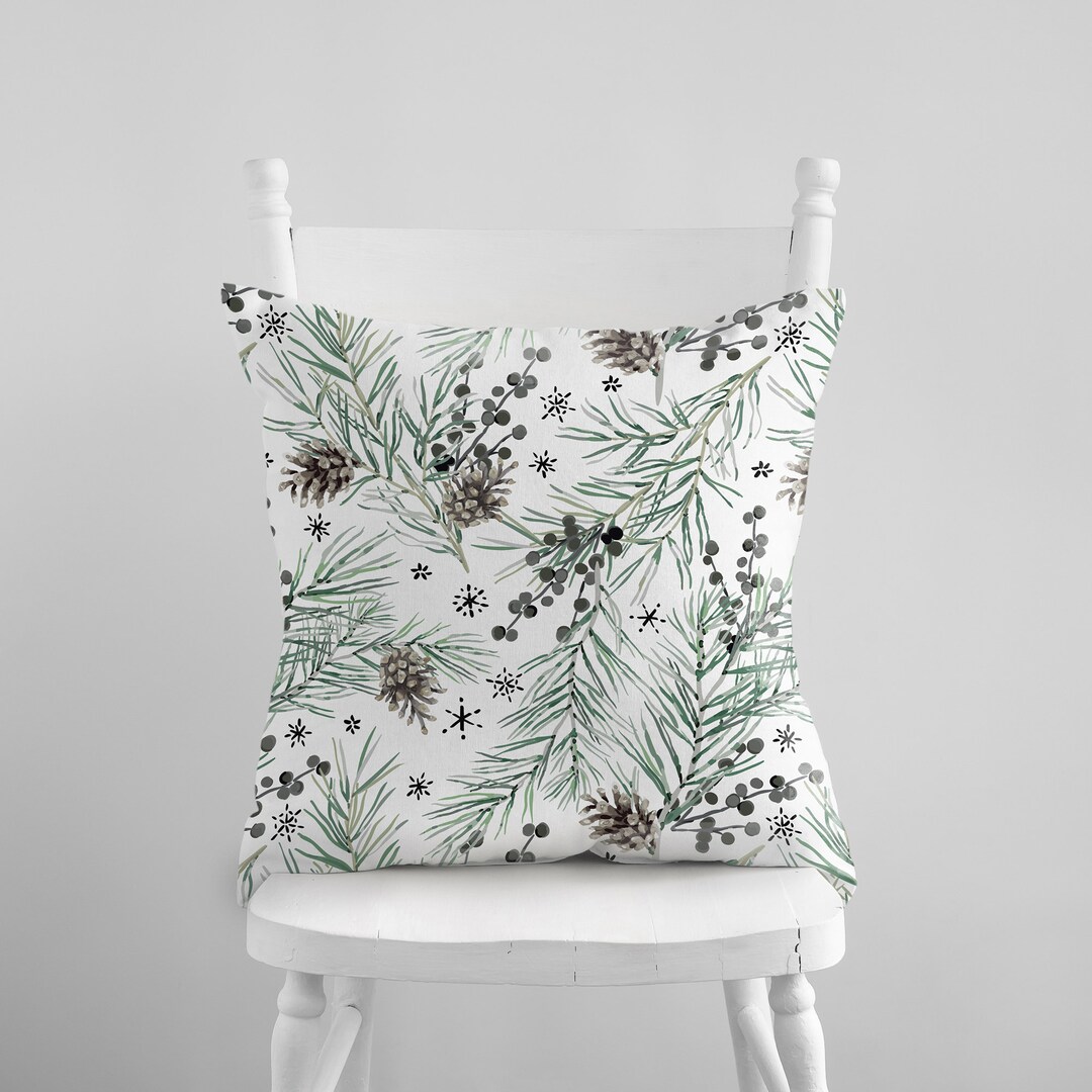 Green Winter Pine Botanical Pillow Cover, Christmas Pillow Cover, Green ...