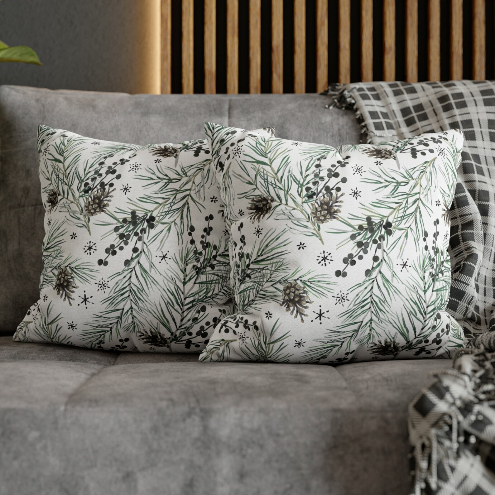 Green Winter Pine Botanical Pillow Cover, Christmas Pillow Cover, Green ...