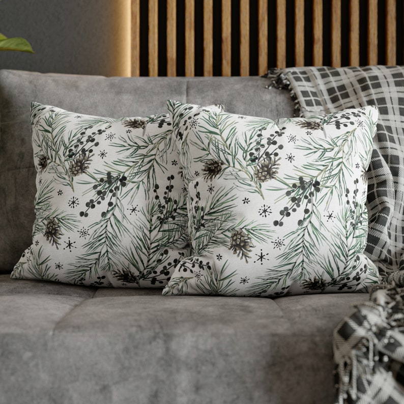 Green Winter Pine Botanical Pillow Cover, Christmas Pillow Cover, Green ...