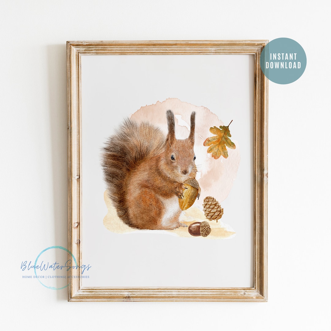 Watercolor Autumn Squirrel and Nuts Woodland Art Print, Woodland ...