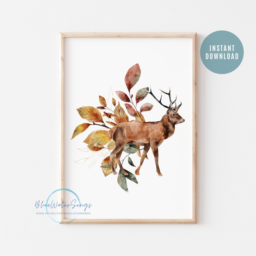 Watercolor Fall Deer Print, Fall Animal Prints, Deer and Fall Leaves ...