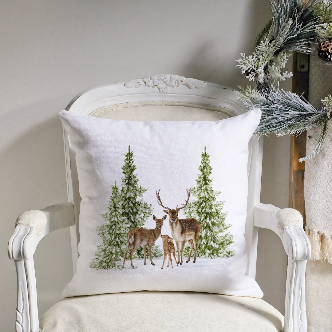 Winter Tree and Deer Pillow Cover, Christmas Deer Pillow Cover ...