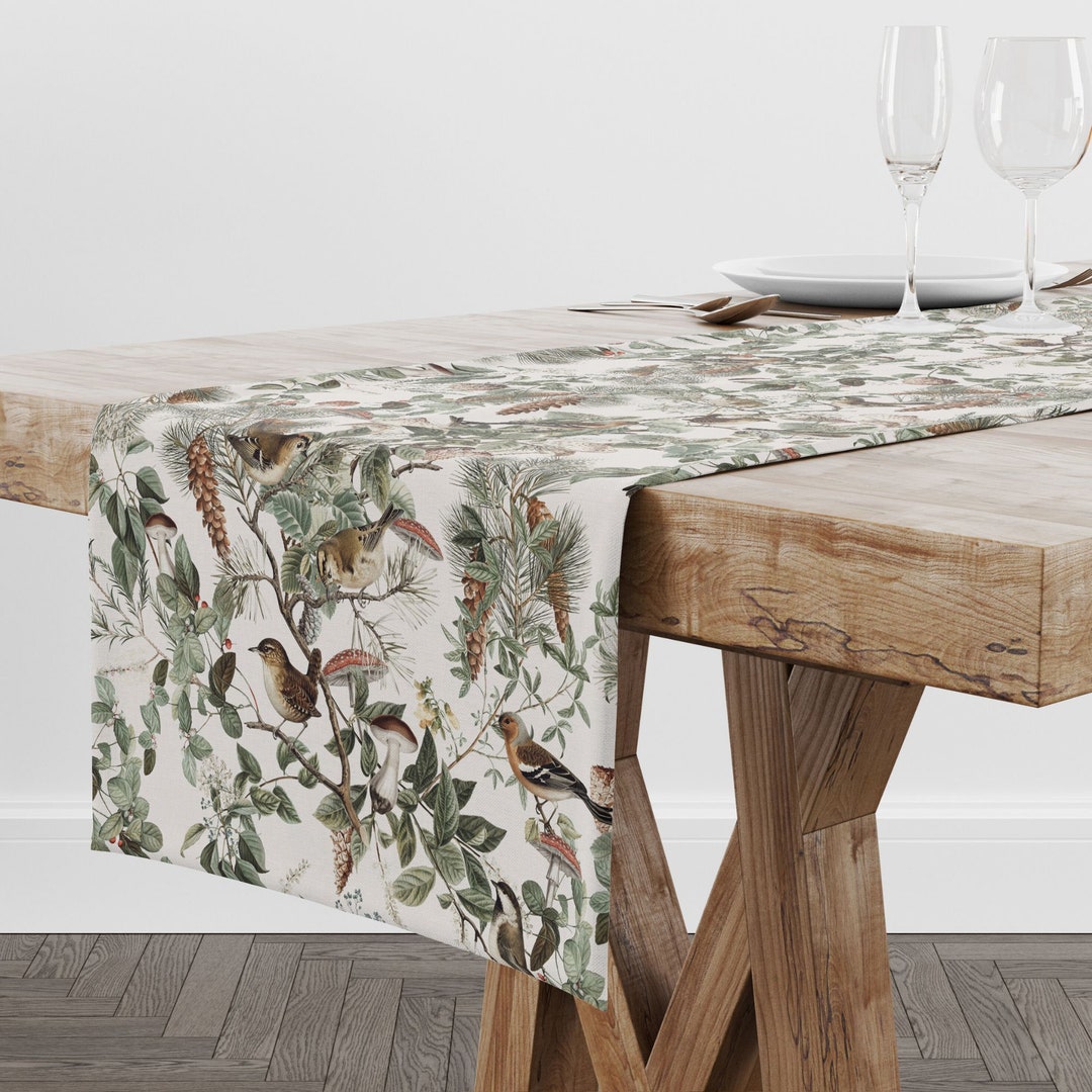 Fall Table Runner, Birds Mushrooms Botanical Table Runner, Autumn ...