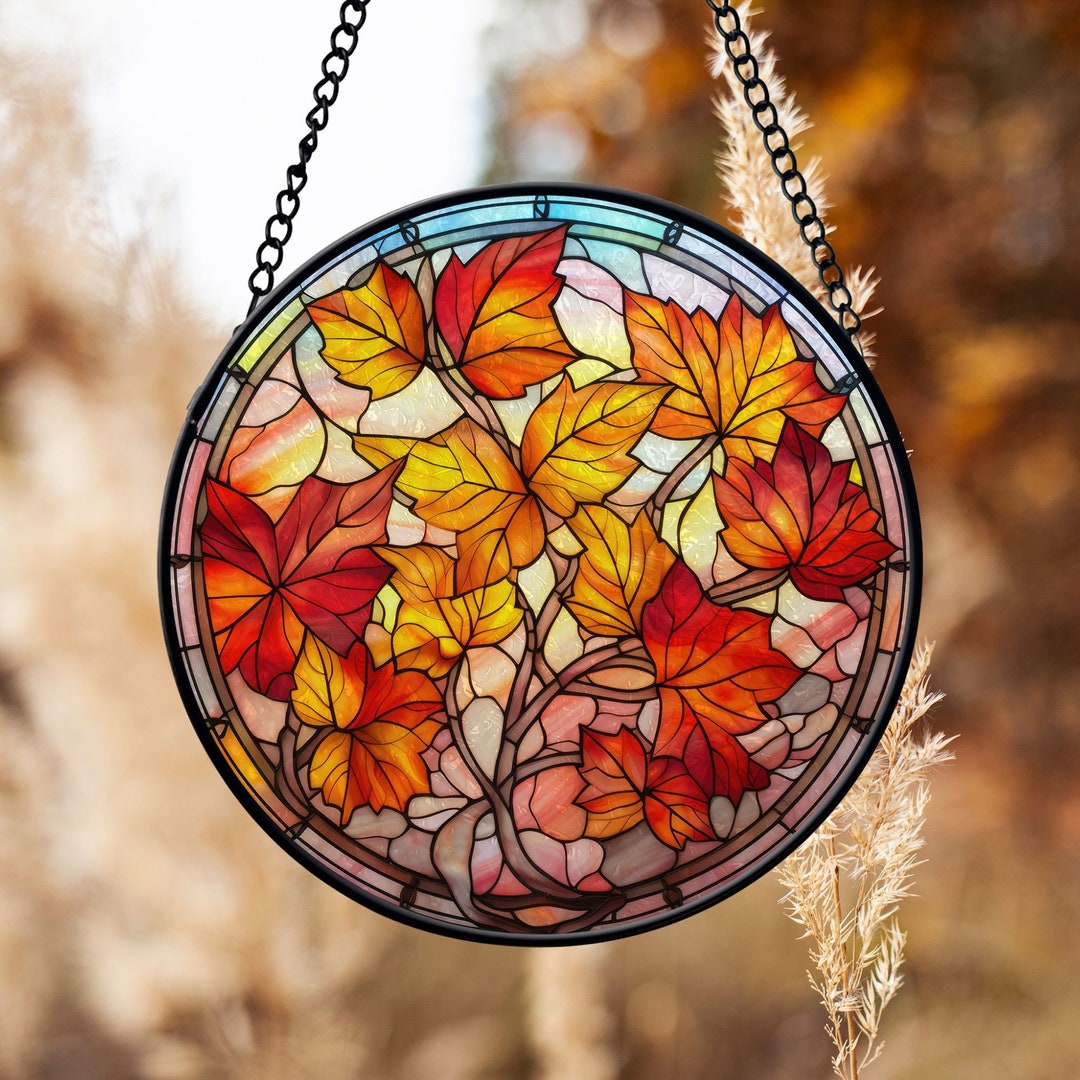 Autumn Leaves Round Stained Glass, Fall Leaves Suncatcher, Autumn ...