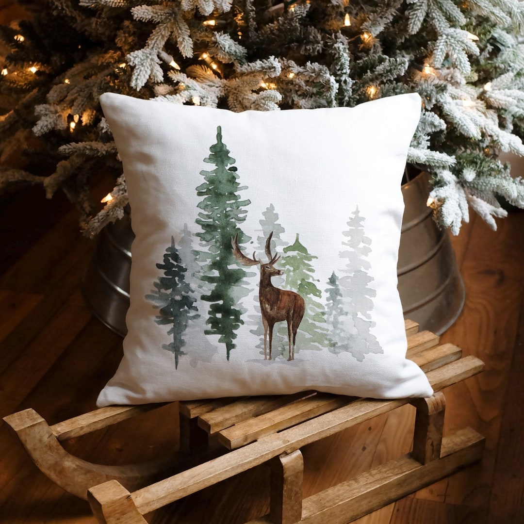 Winter Tree Pillow Cover, Christmas Deer Pillow Cover, Watercolor Pine ...
