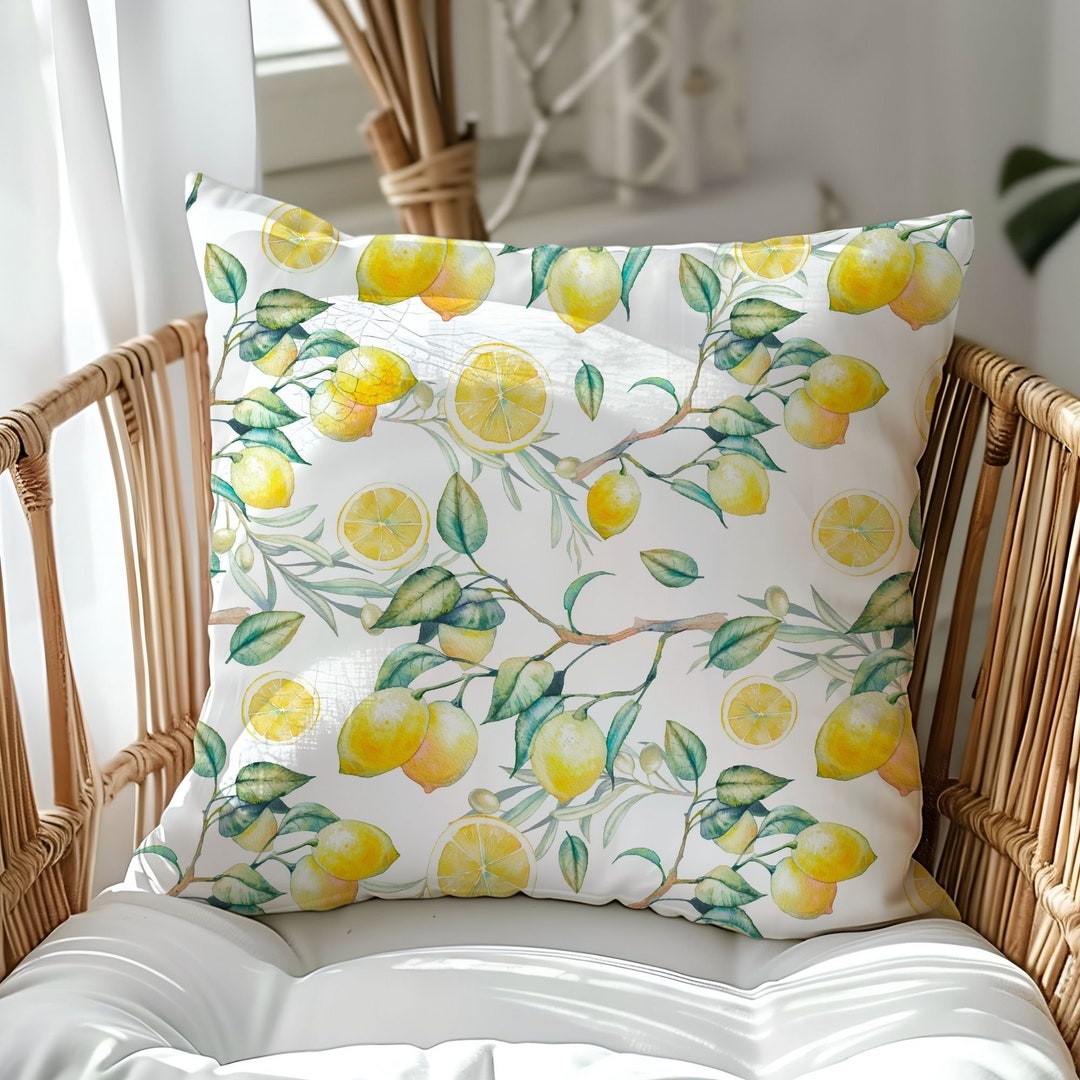 Yellow Lemon Pillow, Watercolor Mediterranean Lemon Pillow Cover ...