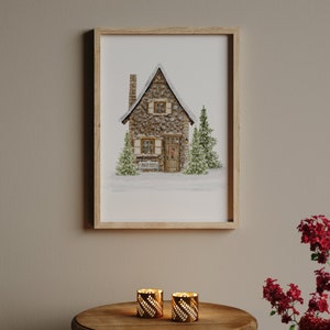 Watercolor Village Christmas Poster, Snowy Winter House Christmas Tree ...
