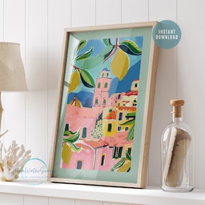 Italy Poster, Lemons Amalfi Coast Print, Lemon Print, Pink and Green ...
