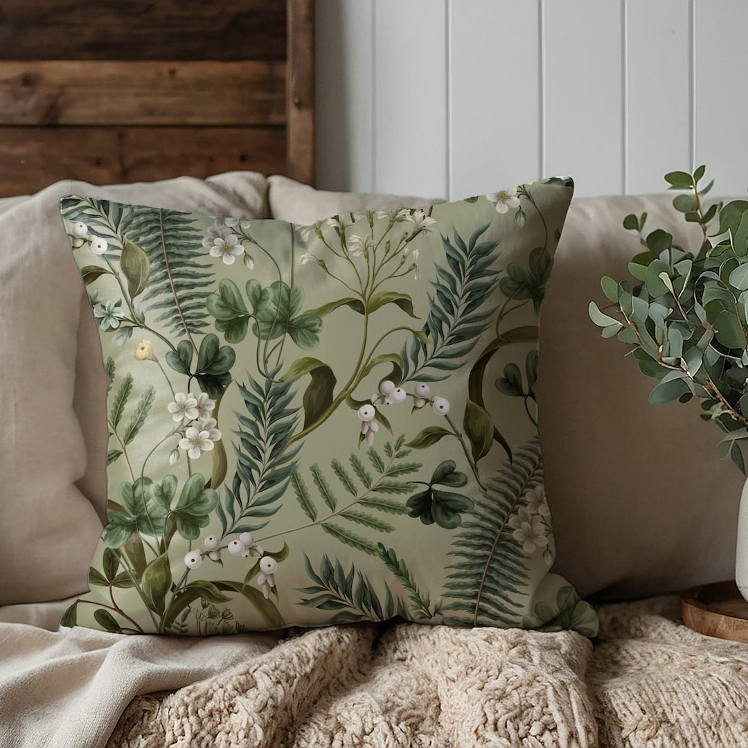 Green Botanical Pillows, Spring Summer Botanical Herb Garden, Green ...