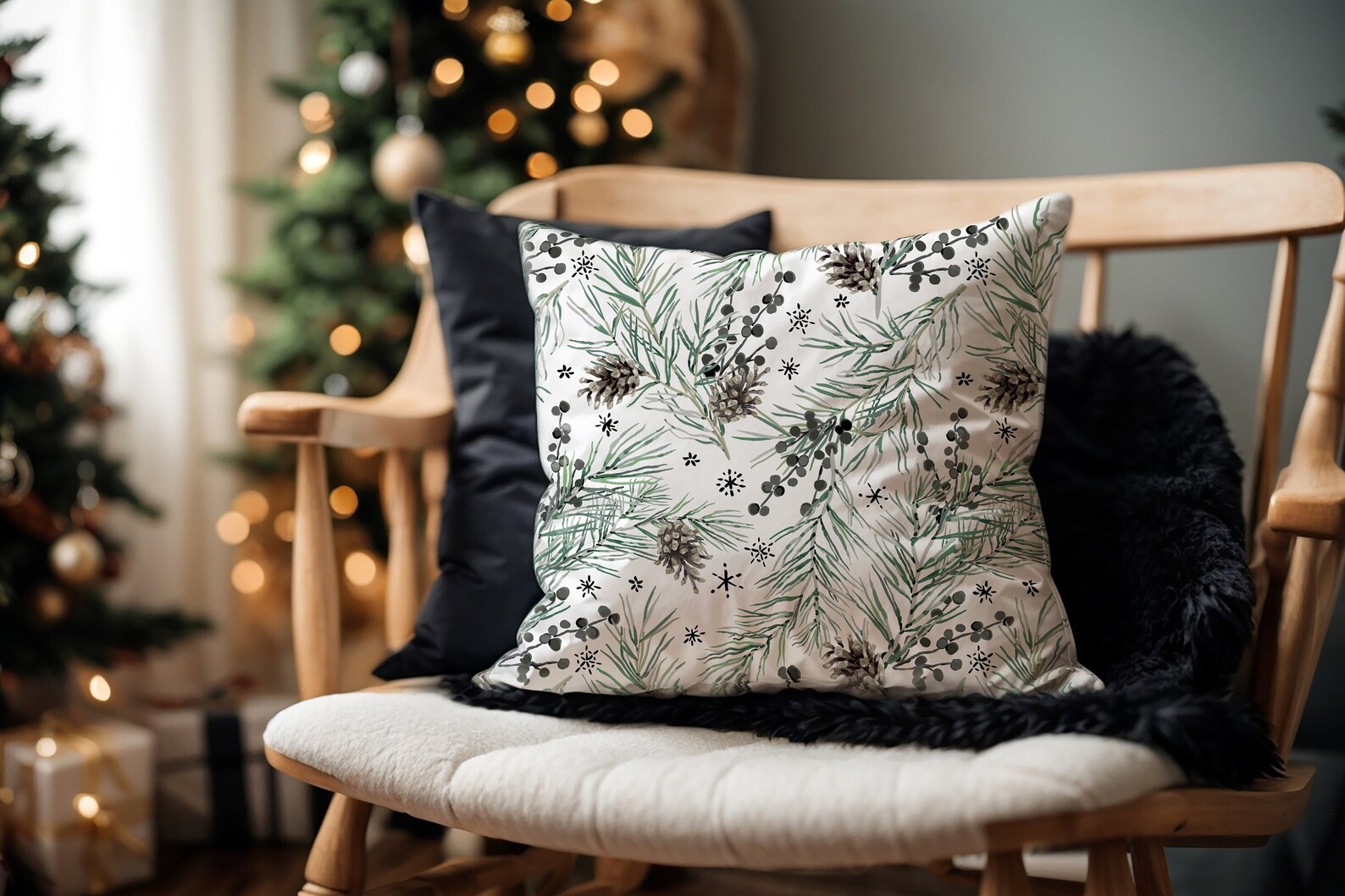 Green Winter Pine Botanical Pillow Cover, Christmas Pillow Cover, Green ...