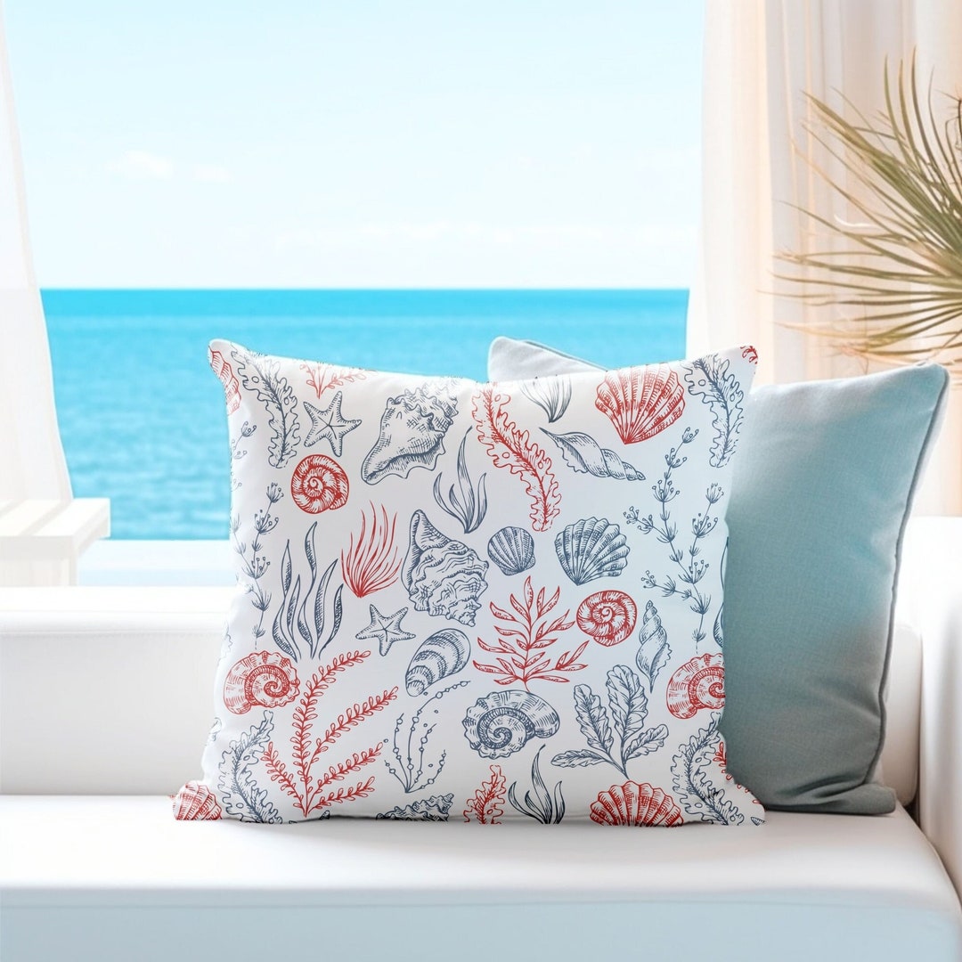 Seashell and Coral Sea Pillow Cover, Beach Pillow, Coral Reef Pillow ...