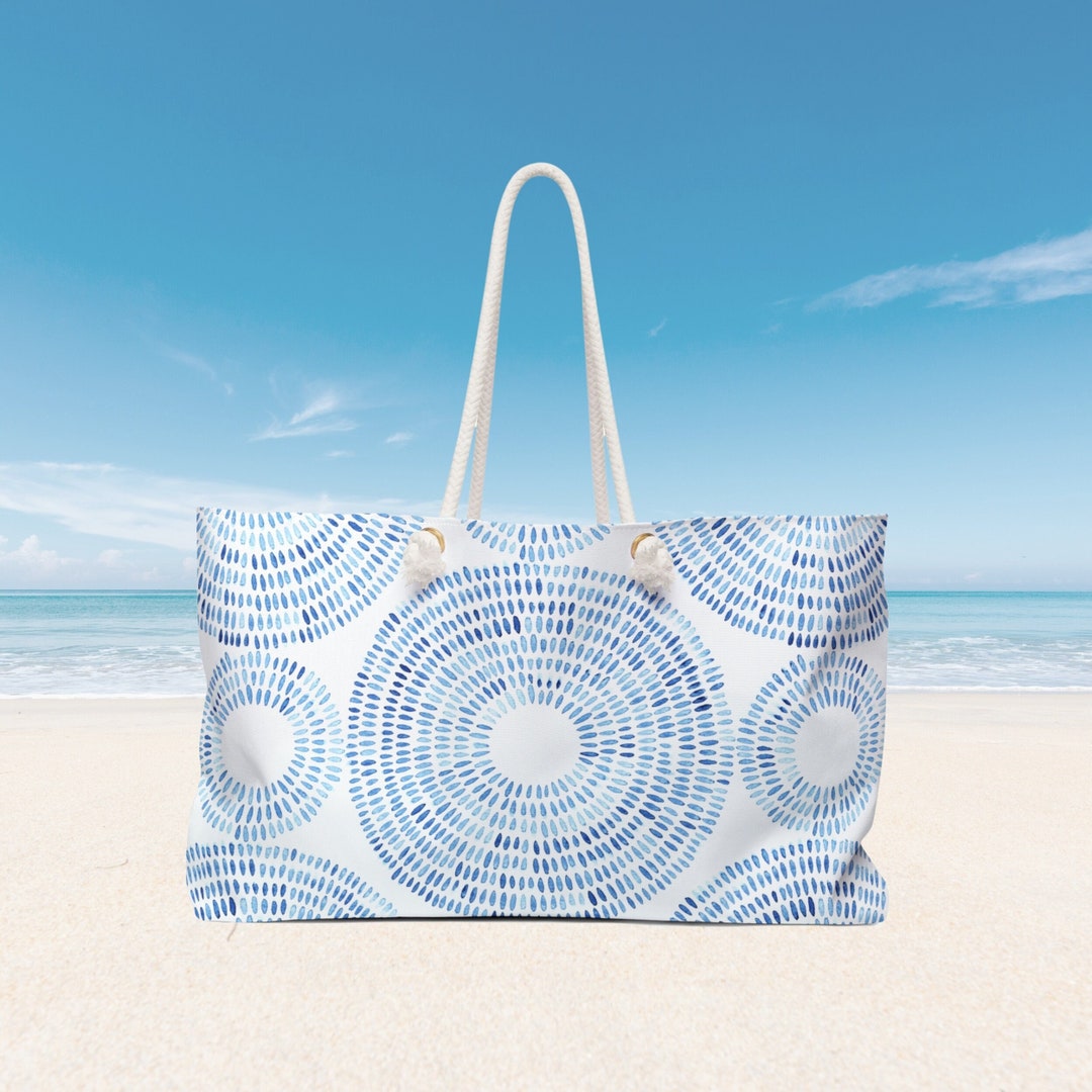 Blue and White Large Beach Bag, Summer Bag, Blue Tote Bag, Weekender ...