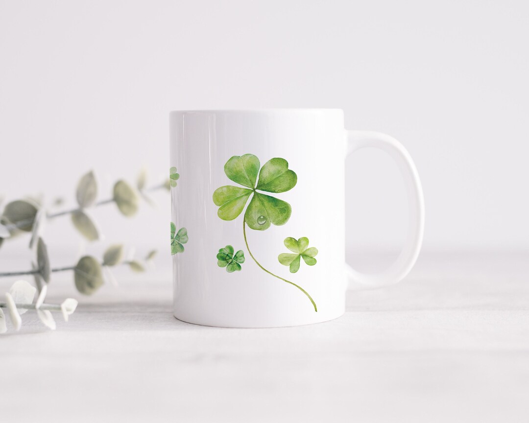 Watercolor Clover Shamrock Mug, Lucky Clover Mug, Botanical Coffee Cup ...