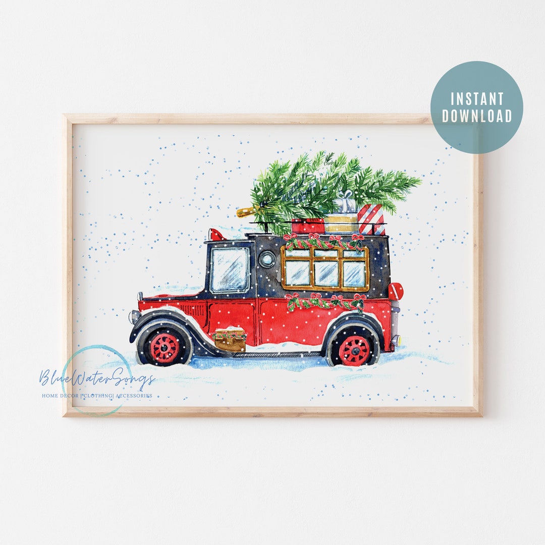 Red Car and Christmas Tree in Snow Print, Xmas Print, Watercolor ...