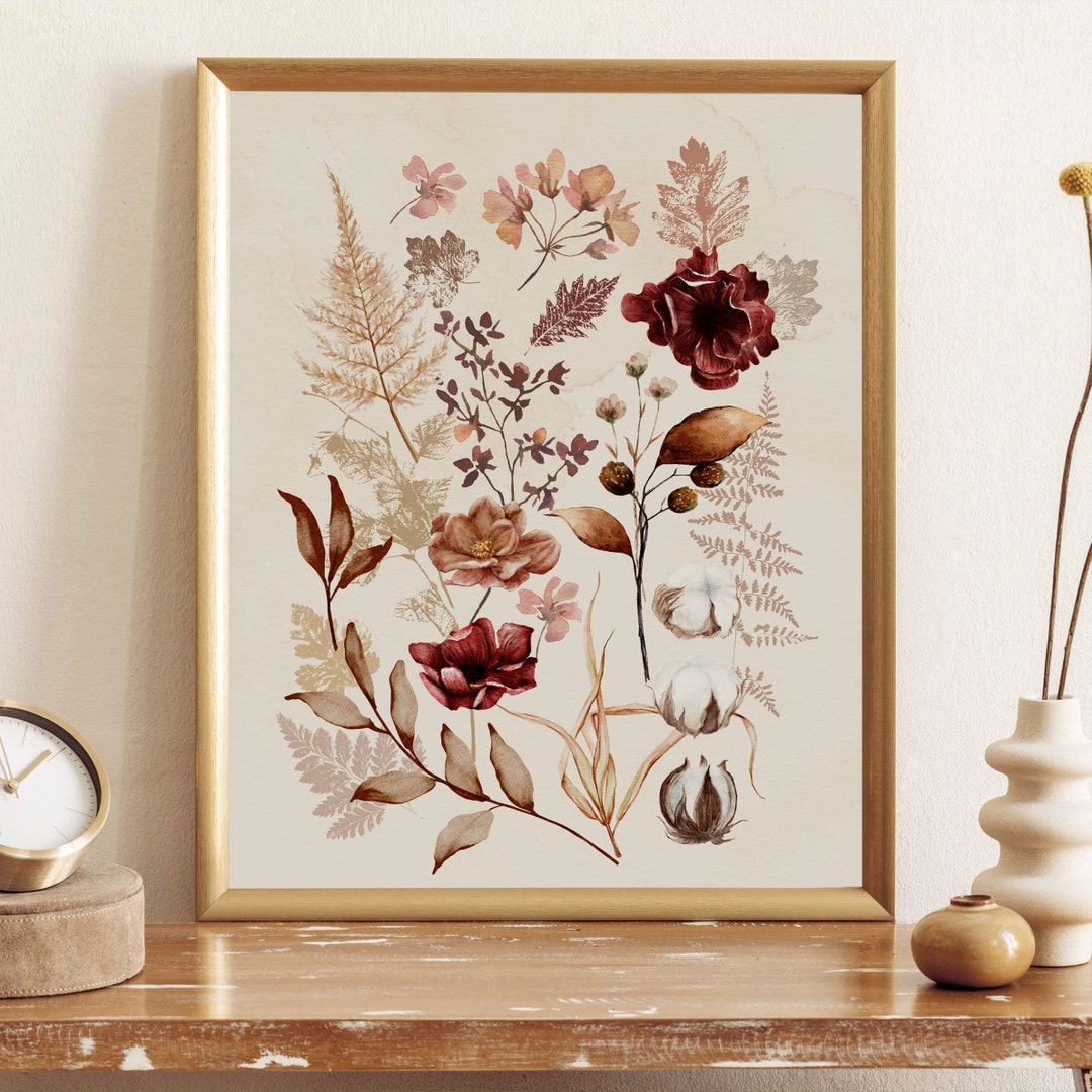 Fall Flowers Art Print, Falling Leaves Fall Print, Botanical Farmhouse ...