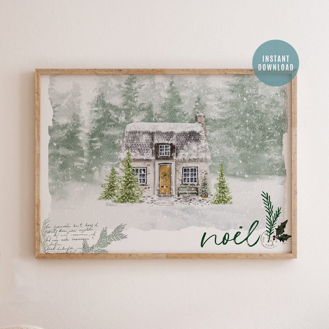 Watercolor Village Christmas Poster, Snowy Winter House Christmas Tree ...