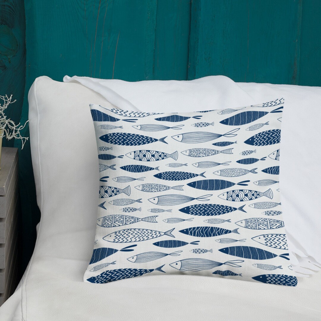 Blue Fish Pillow, Coastal Pillow Cover, Blue Nautical Pillows, Summer ...