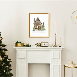 Watercolor Village Christmas Poster, Snowy Winter House Christmas Tree ...
