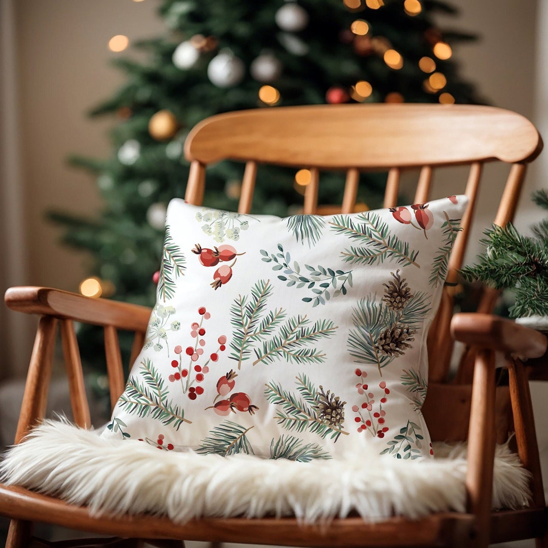 Red Winter Berry and Pine Botanical Pillow Cover, Christmas Pillow ...