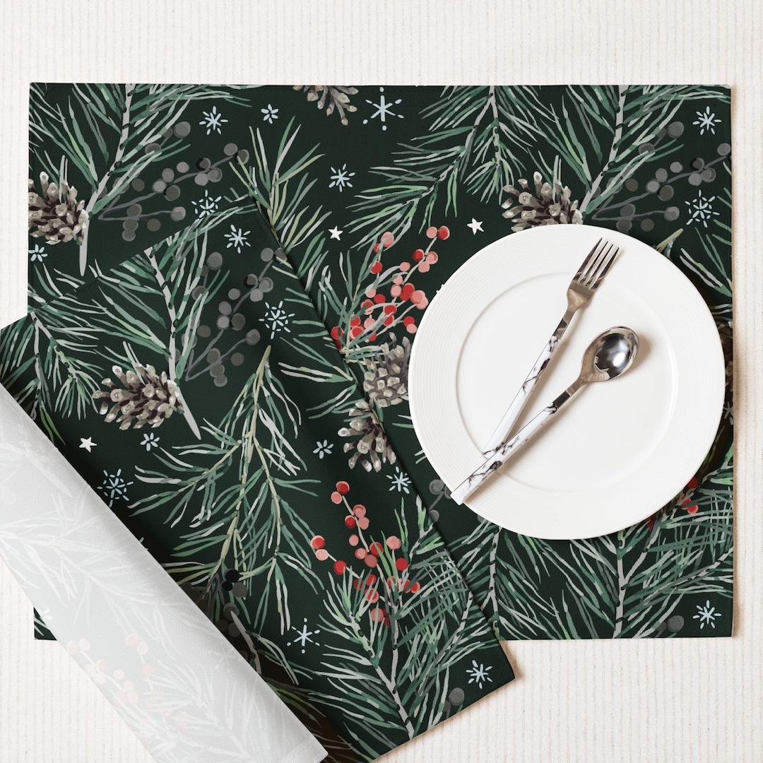 Green Pine Winter Berry Placemats, Christmas Placemats Set, Winter ...