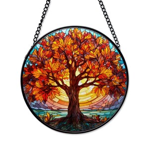 Autumn Tree Round Stained Glass, Fall Leaves Suncatcher, Autumn Stained ...