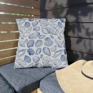 Seashell Outdoor Pillow, Blue Coastal Beach Cushion, Waterproof Pillow ...